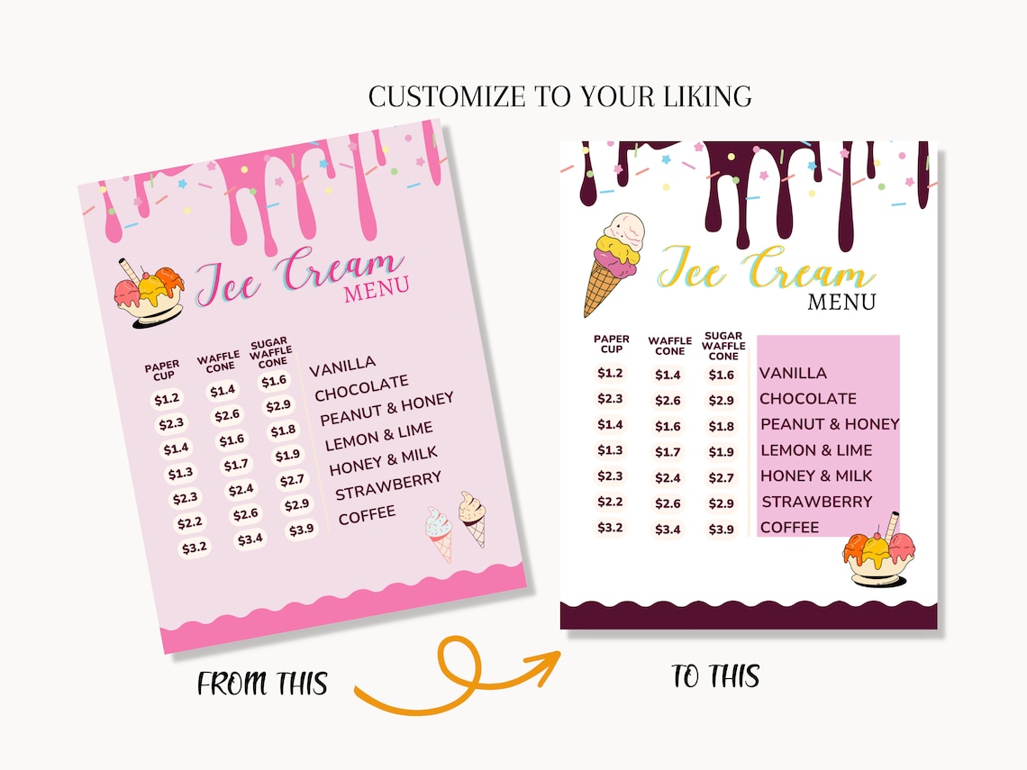 Ice Cream Shop Menu, Pricelist Template, Editable Dessert Menu, Sweet ...