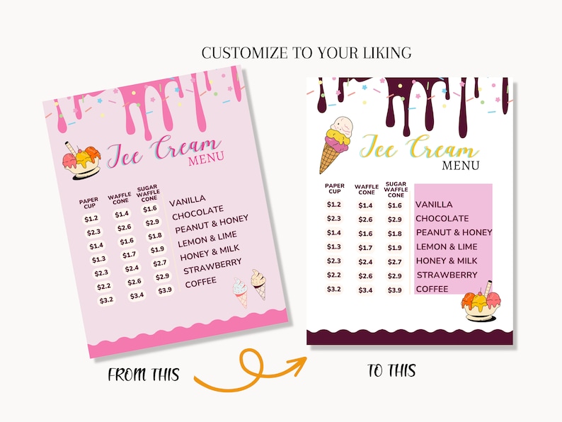Ice Cream Shop Menu, Pricelist Template, Editable Dessert Menu, Sweet ...