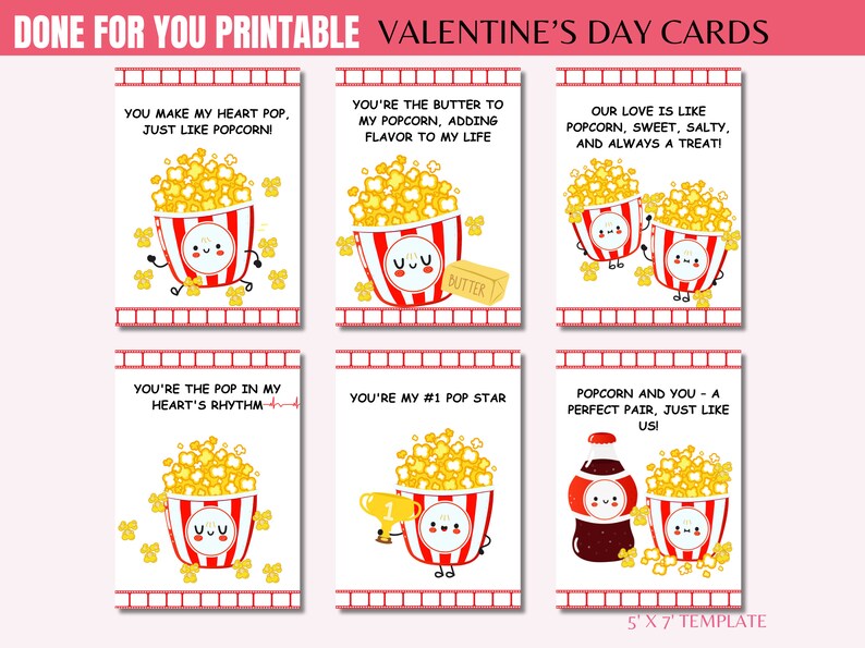 Popcorn Valentine Cards for Kids Classroom- Printable PDF for Classroom ...