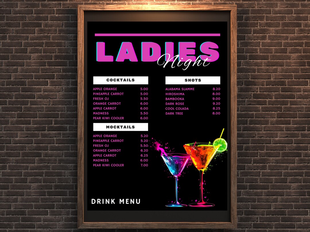 Bar Menu Template, Drink Menu Template, Customizable Drink Menu, Girls ...