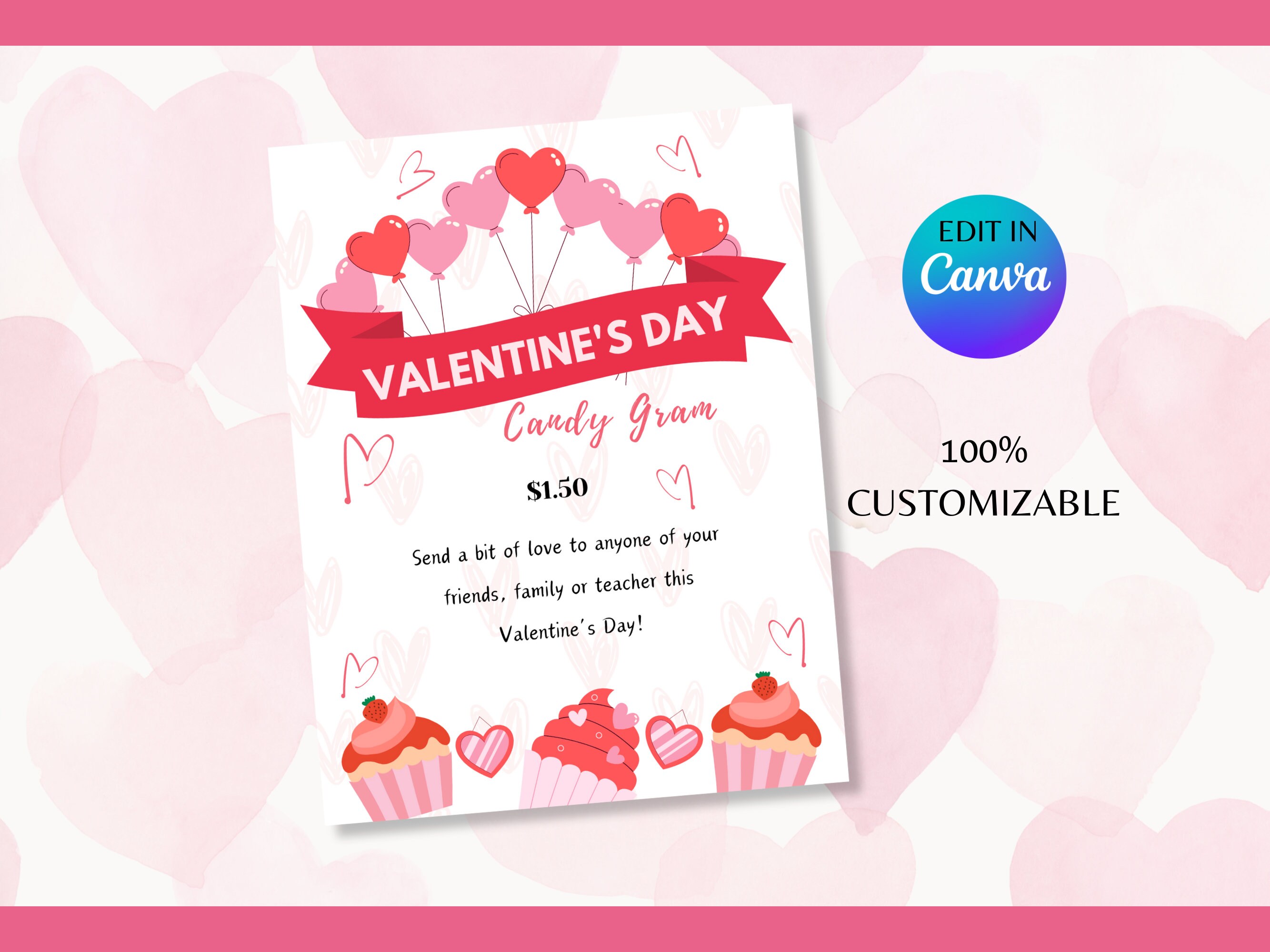 Valentine's Day Candy Gram Template, School Valentine's Day Editable ...