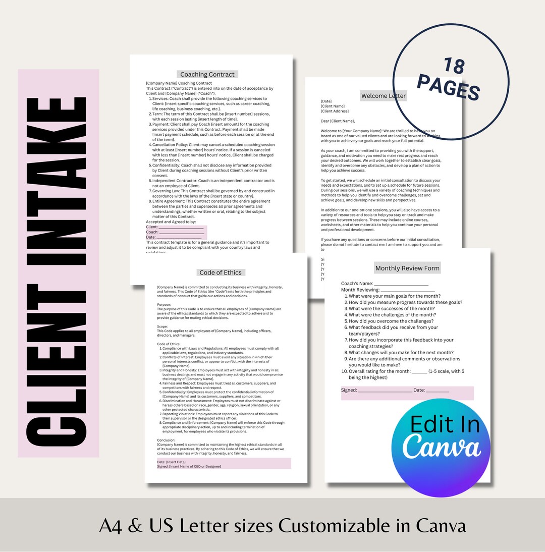 New Coaching Client Onboarding Packet, Client Intake Forms, Client ...