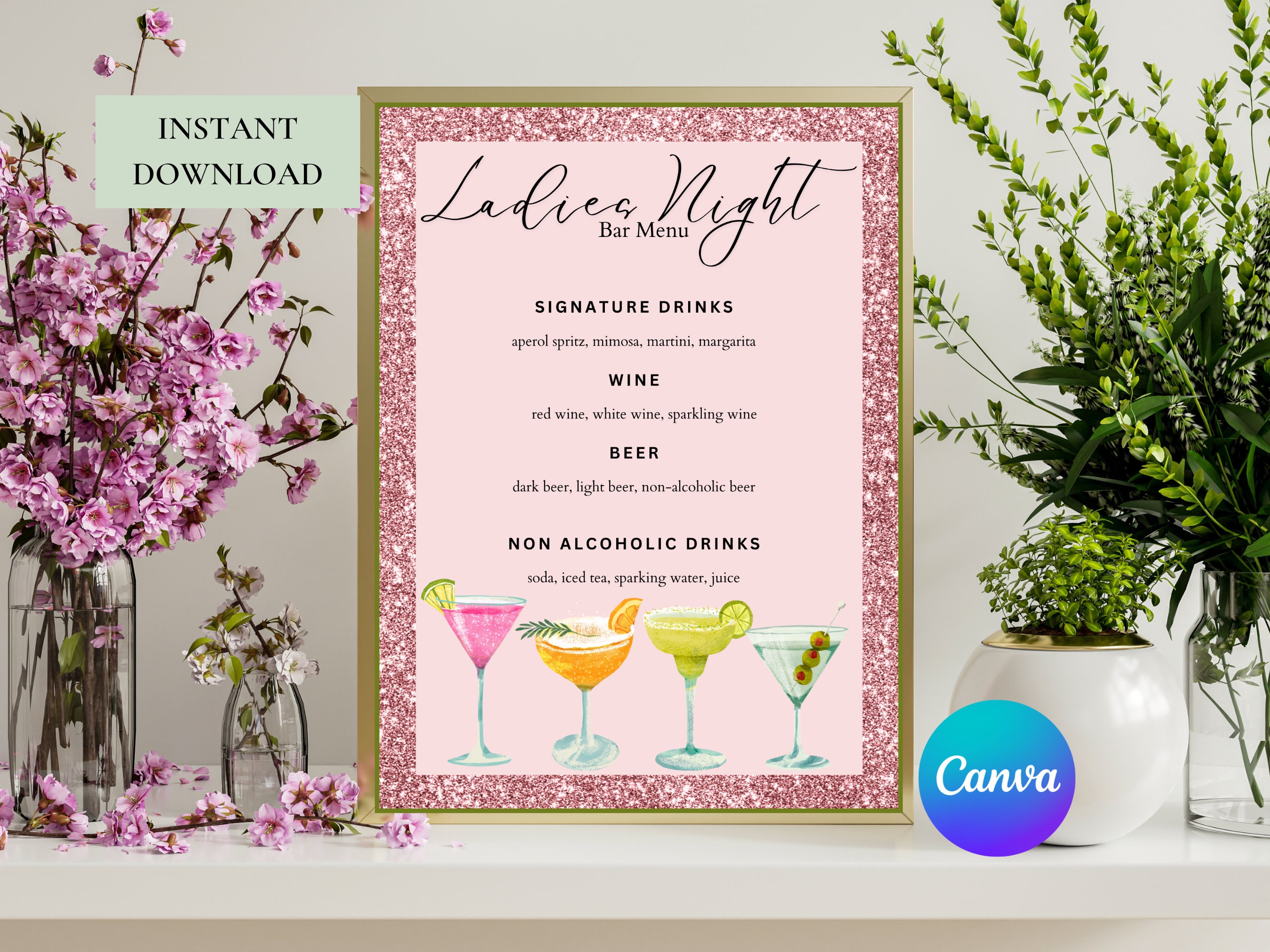 Bar Menu Template, Drink Menu Template, Pink Bar Menu, Girls Night ...