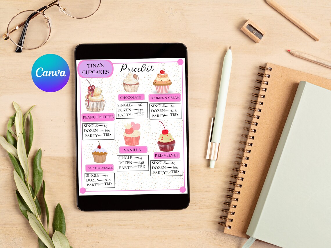 Bakery Menu Template, Dessert Menu Template, Pricelist Sheet, Cupcake ...