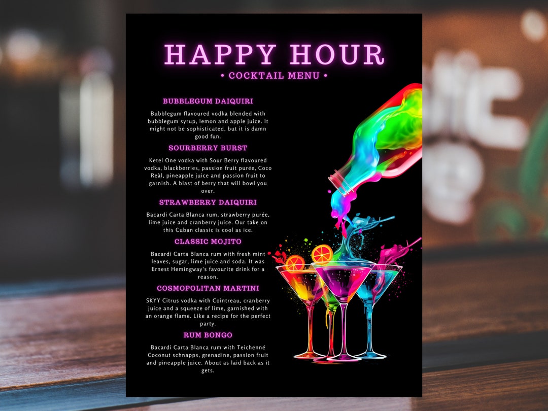 Neon Bar Menu Sign, Signature Drinks Sign, Cocktail Menu, Black Bar ...