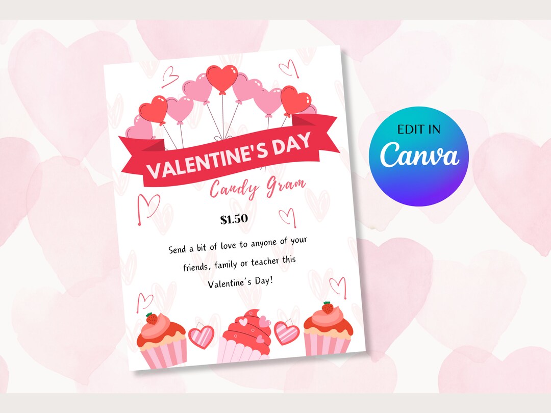Valentine's Day Candy Gram Template, School Valentine's Day Editable ...