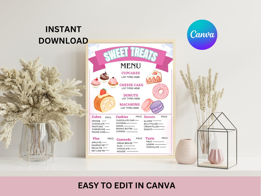 Dessert Menu Template, Customizable Dessert Menu, Editable Dessert Bar ...