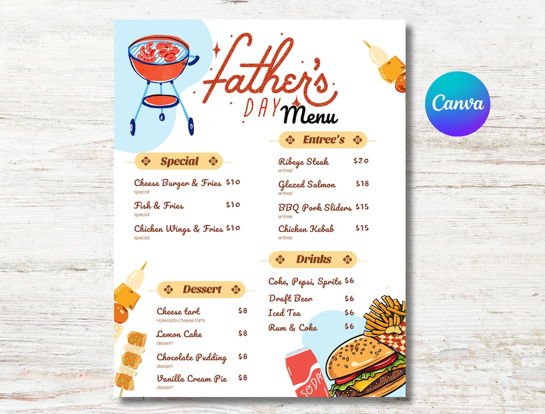 Father's Day Menu Template, BBQ Menu Template, Father's Day Grilling ...