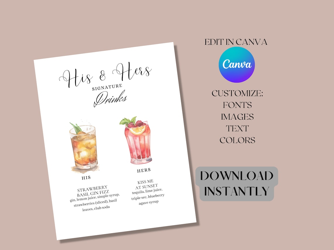 Wedding Drink Menu Template Download Bar Menu Template - Etsy