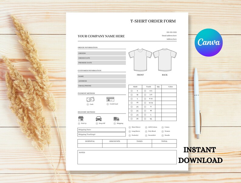 Editable Printable T Shirt Order Form Template, Small Business Order ...
