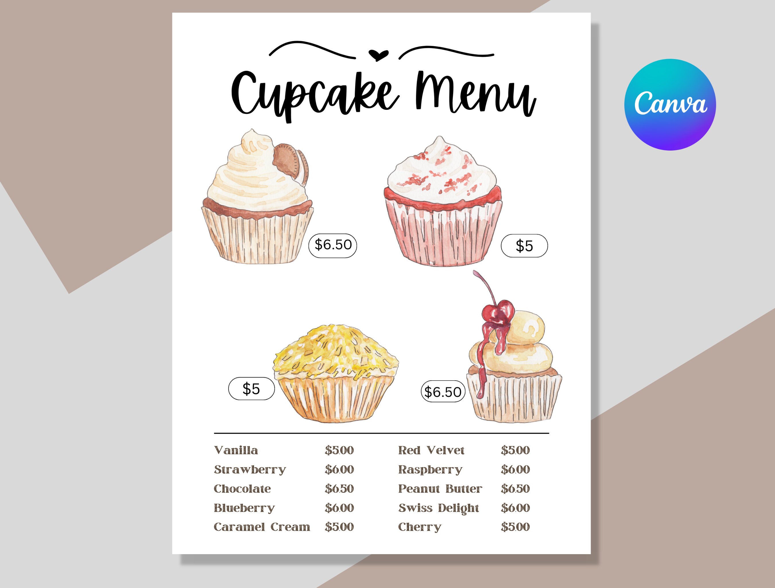 Dessert Menu Template, Customizable Cupcake Menu, Editable Menu, Bakery ...