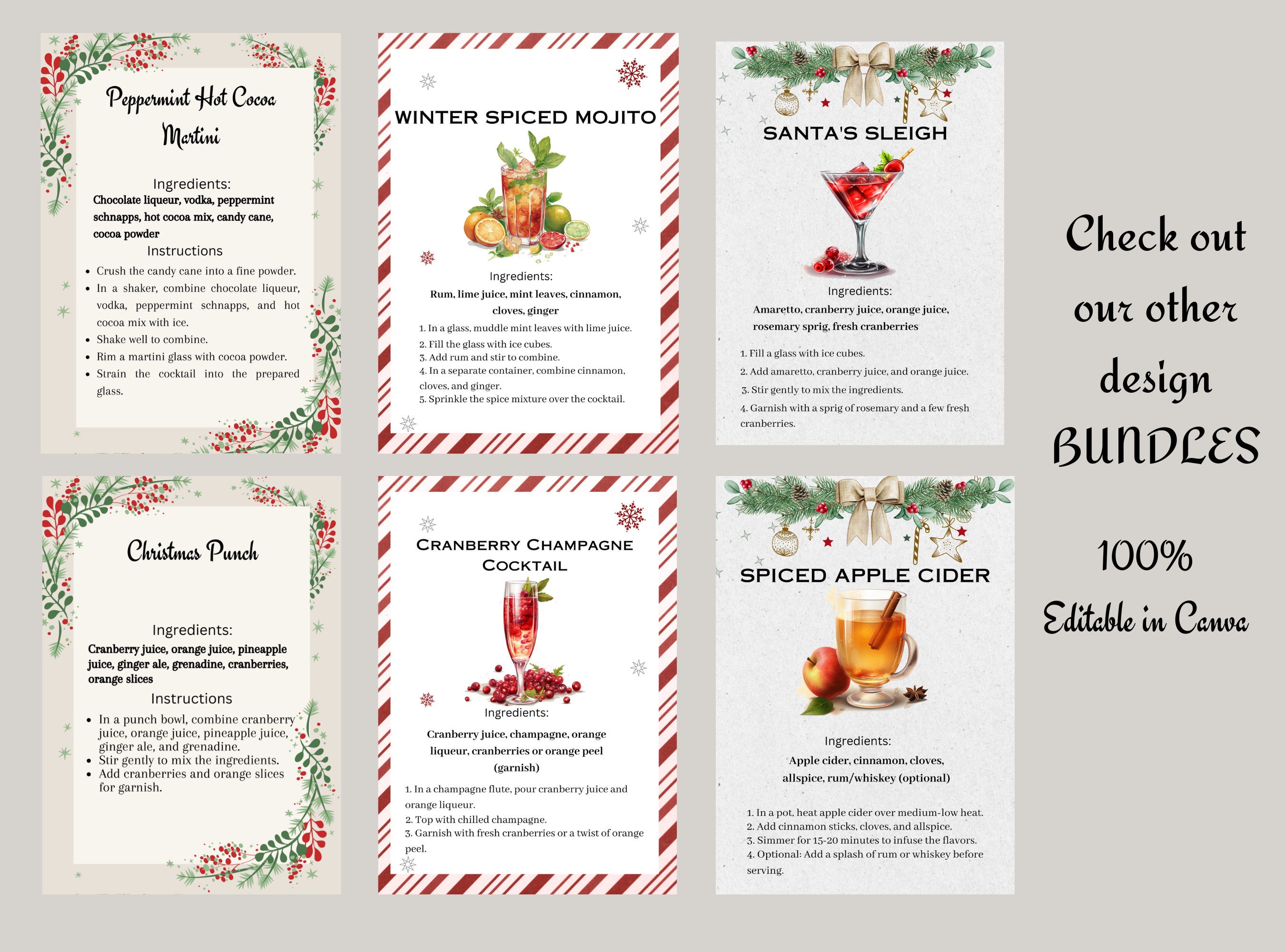 Christmas Drink Recipe Cards Template, Christmas Cocktail Recipe Cards ...