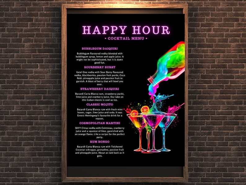 Neon Bar Menu Sign, Signature Drinks Sign, Cocktail Menu, Black Bar ...