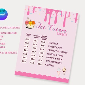 Ice Cream Shop Menu, Pricelist Template, Editable Dessert Menu, Sweet ...