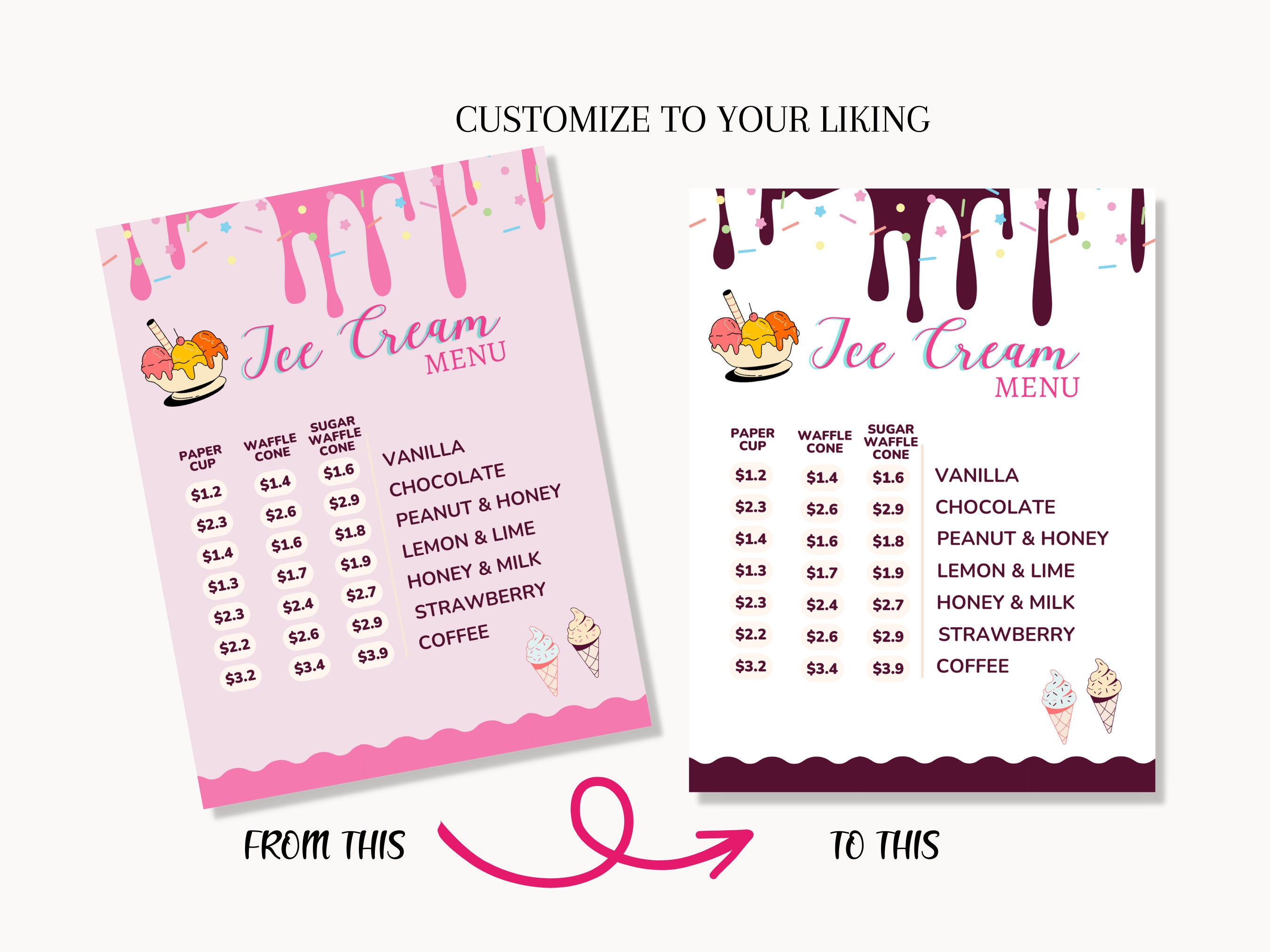 Ice Cream Shop Menu, Pricelist Template, Editable Dessert Menu, Sweet ...
