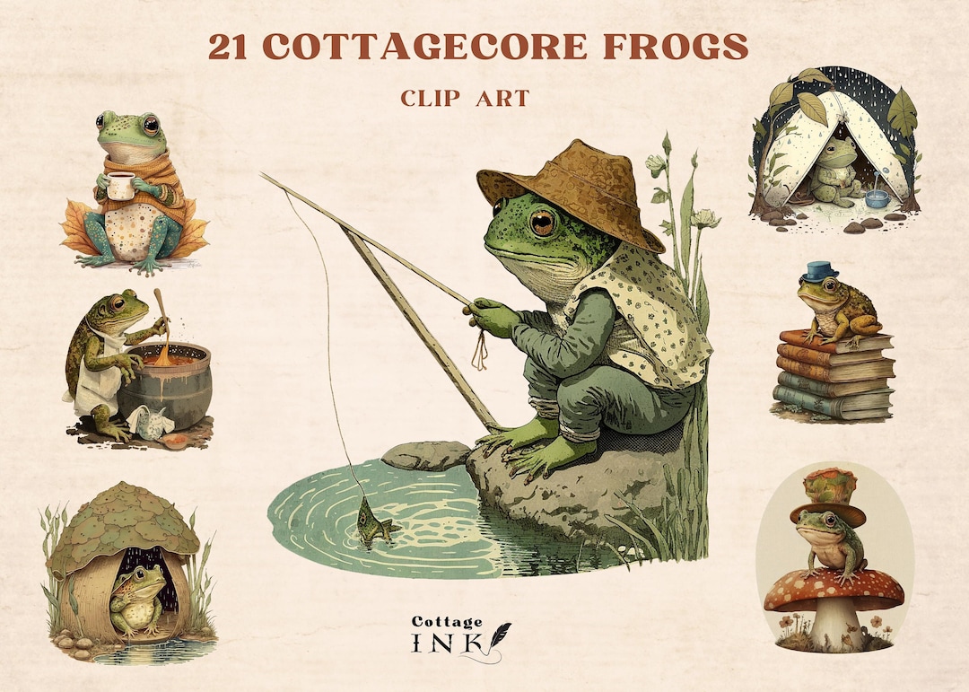 Cottagecore Frog Clipart Bundle, Vintage Toad on Mushroom Cliparts ...