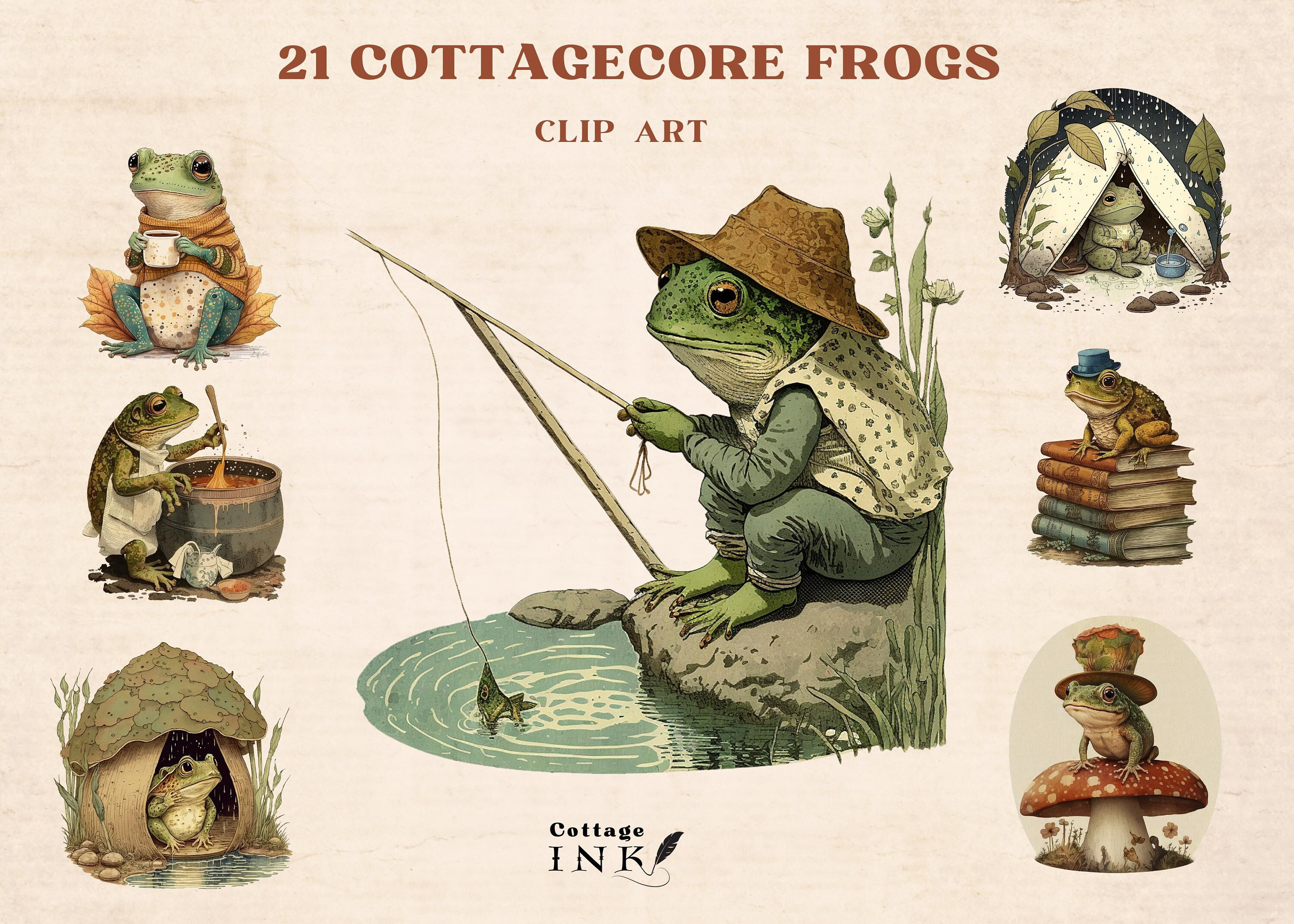 Cottagecore Frog Clipart Bundle, Vintage Toad on Mushroom Cliparts ...