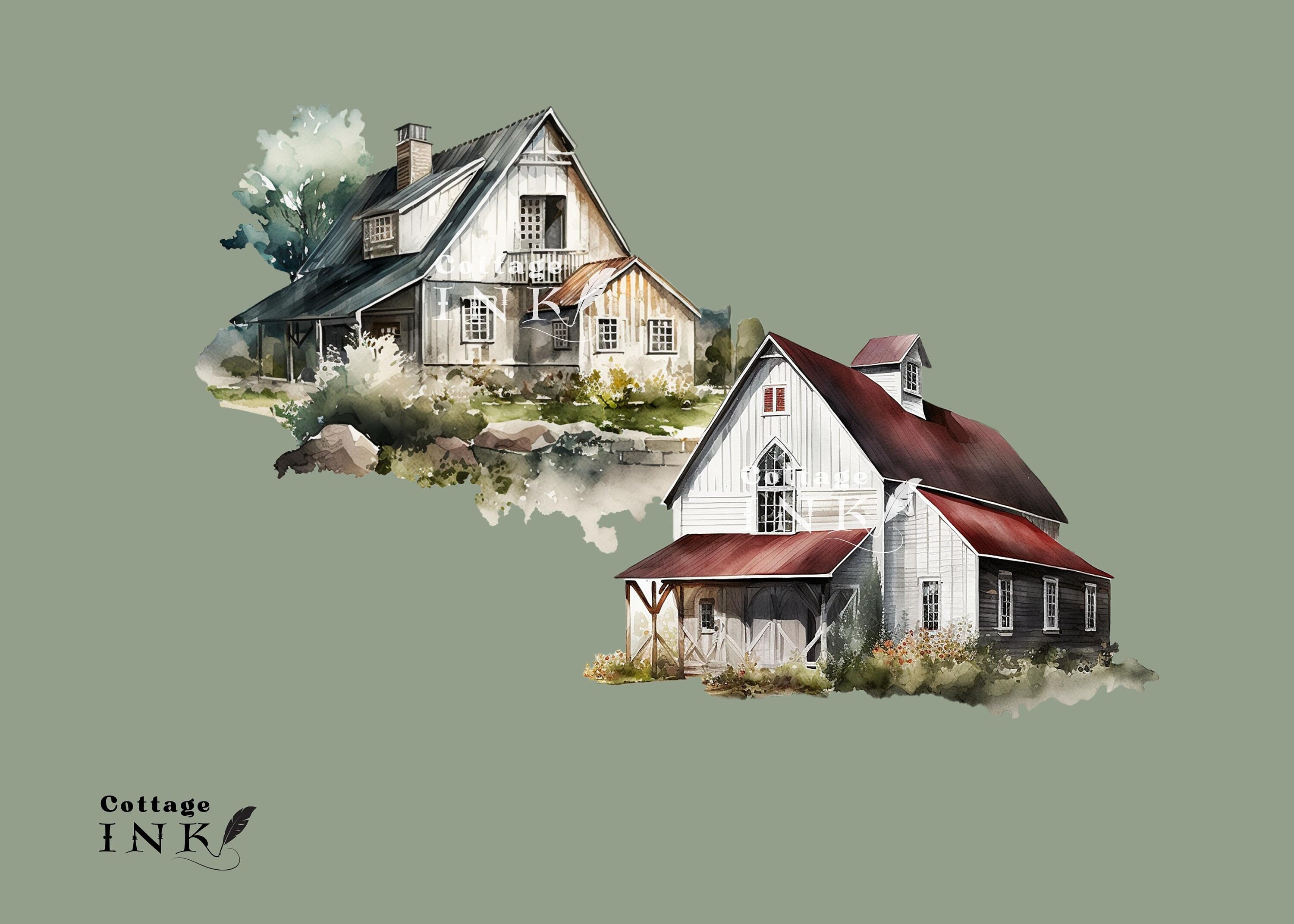 Watercolor Farm Barn Clipart,farmhouse Cliparts, Barnhouse PNG, Rustic ...