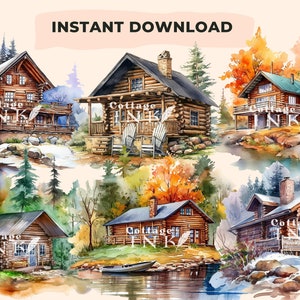 Watercolour Log Cabin Clipart Bundle, Cabins in the Woods Clipart ...
