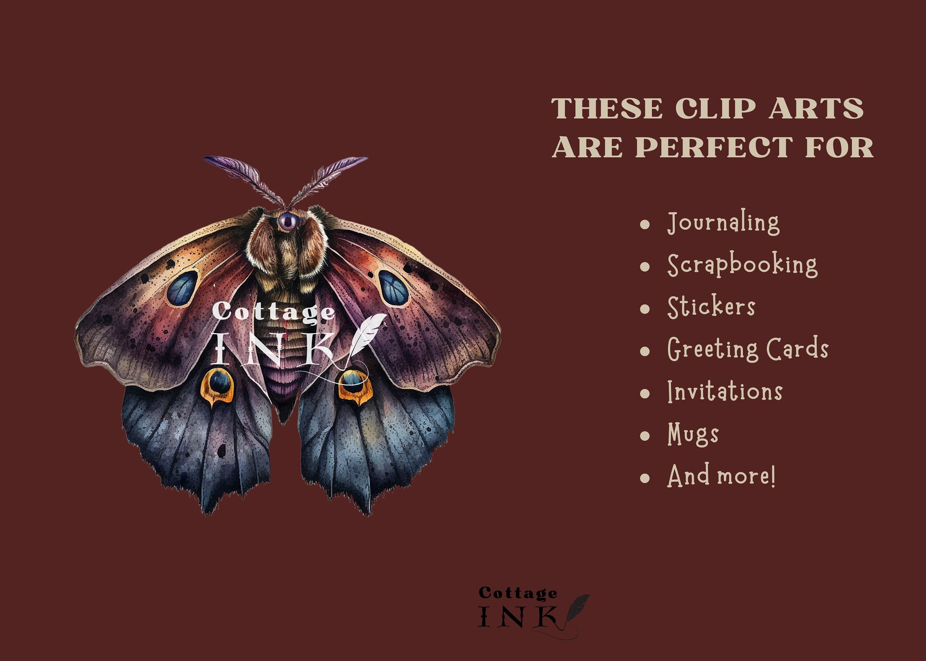 Watercolour Mystical Moth Clipart Bundle, Gothic Moth Butterfly PNG ...