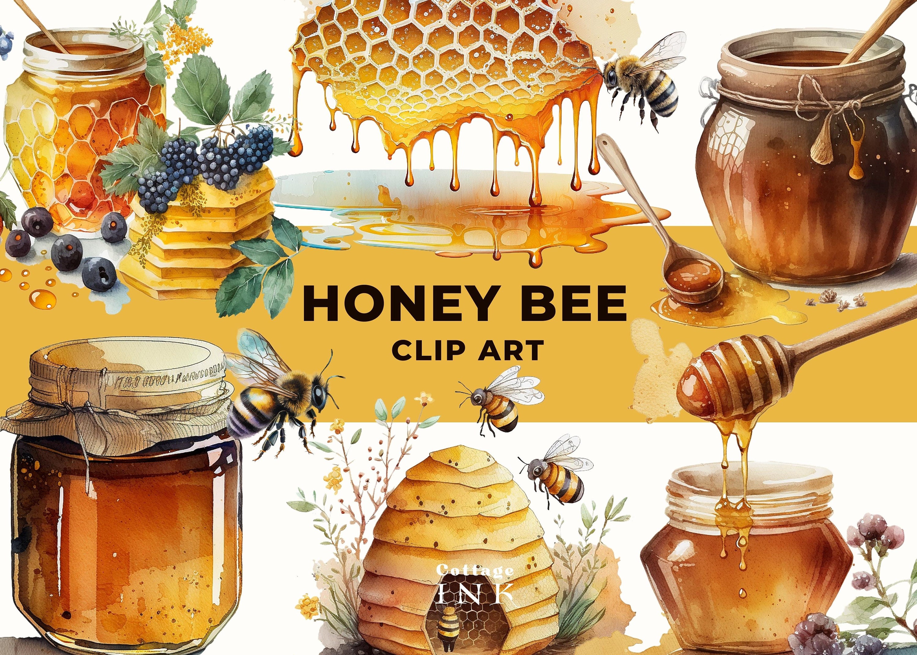 Watercolor Honey Bee Clipart, Spring Garden Beehive, Honeycomb Drips ...