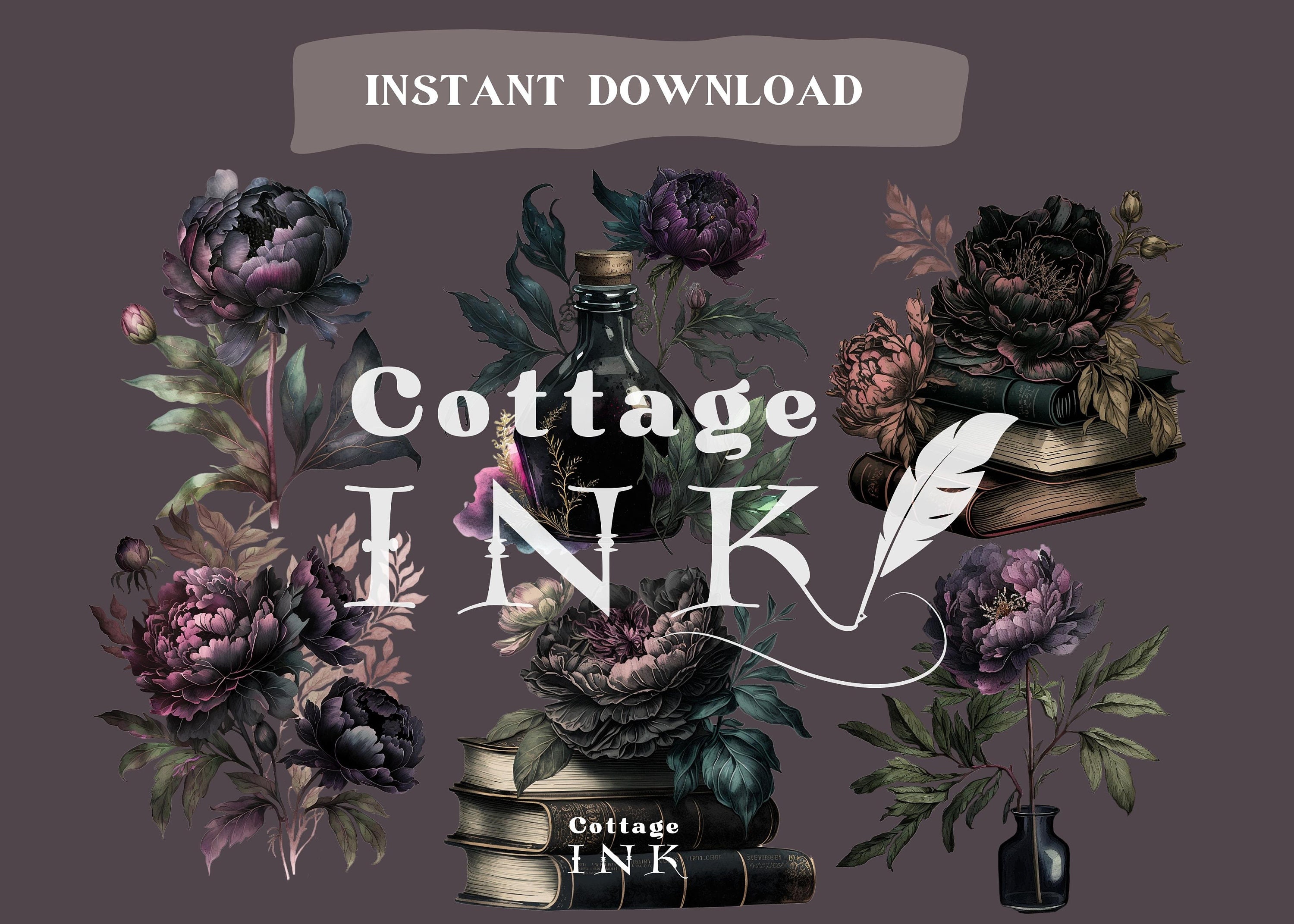 Black Peony Clipart Bundle Watercolor Dark Academia Clipart - Etsy