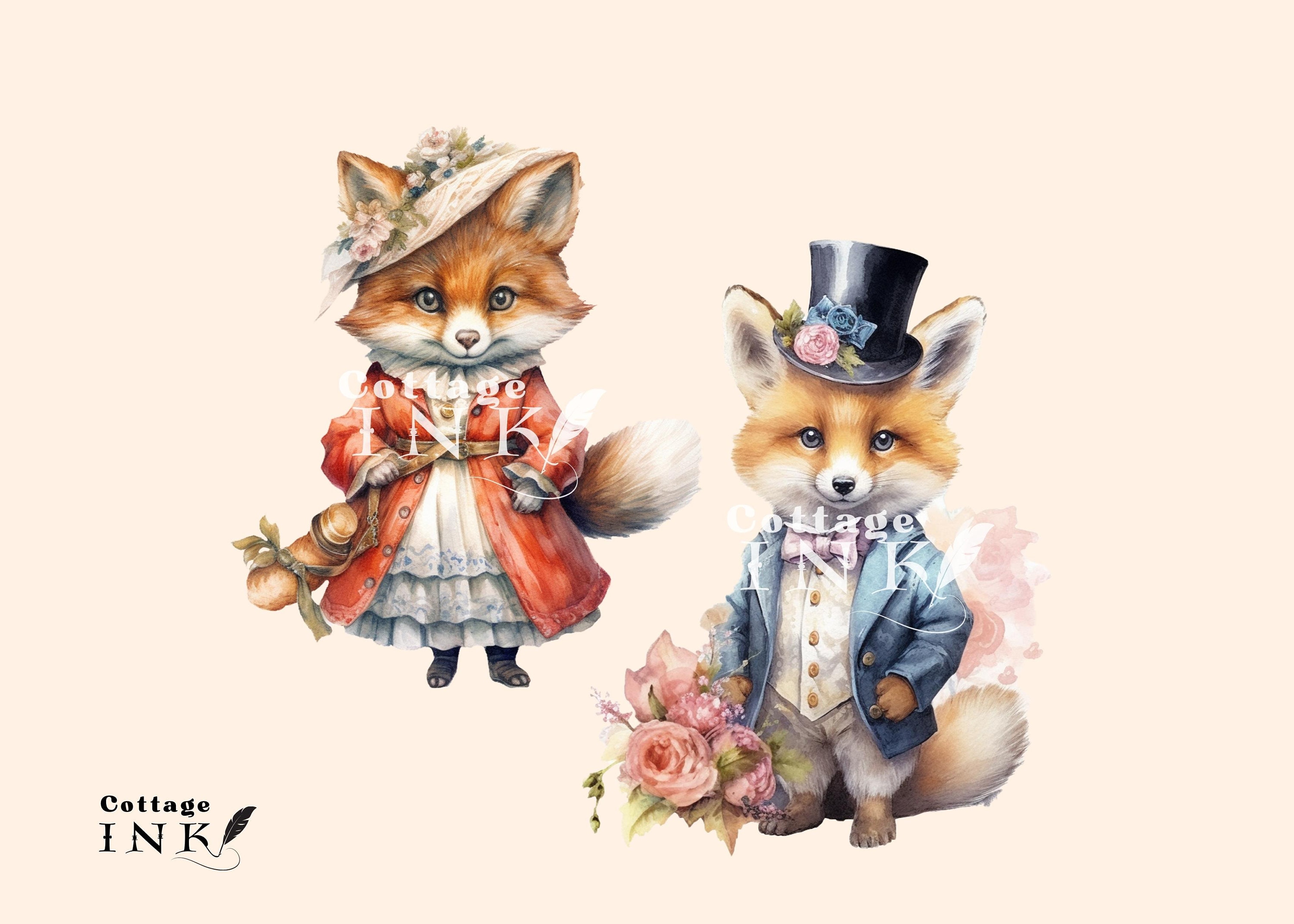 Victorian Fox Clipart Bundle, Watercolor Vintage Fox Clipart, Cute ...