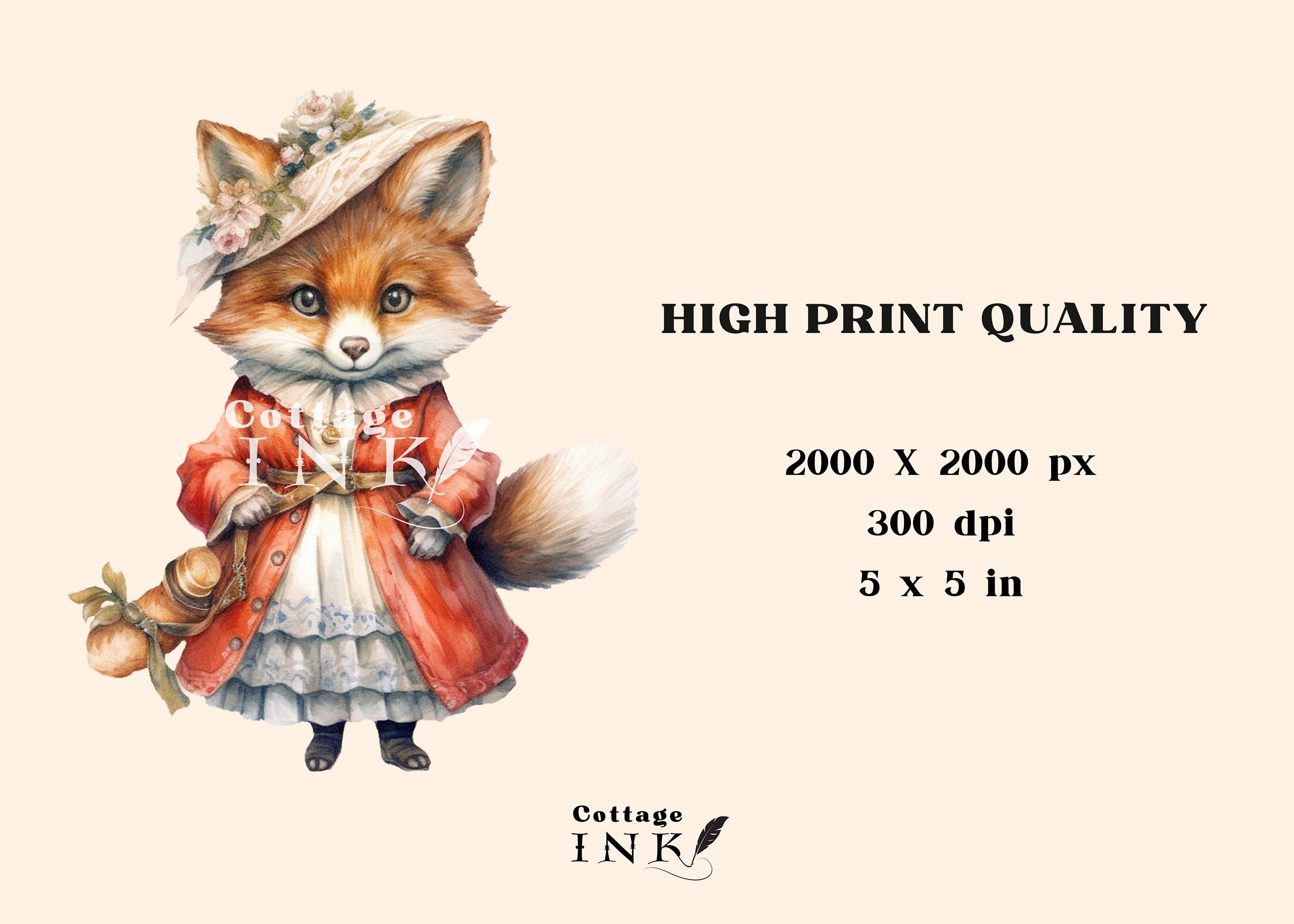 Victorian Fox Clipart Bundle, Watercolor Vintage Fox Clipart, Cute ...