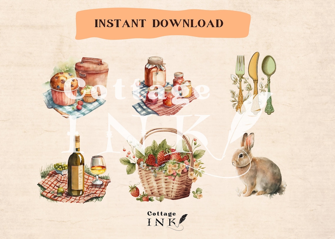 Cottagecore Picnic Clipart Bundle Watercolor Picnic Basket - Etsy