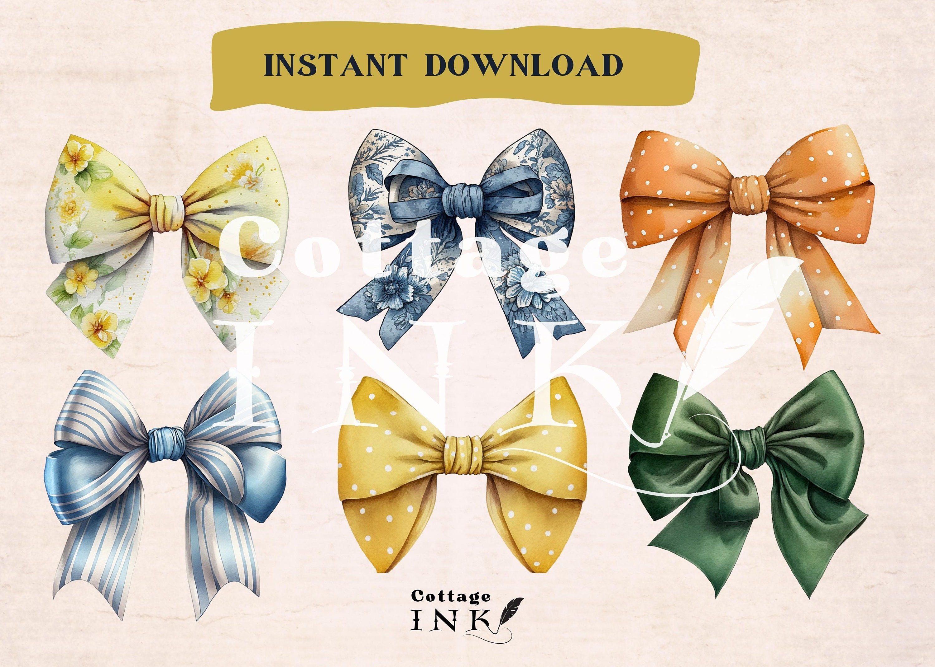 Vintage Bows Clipart Bundle, Watercolor Ribbon Bow PNG, Cottagecore Bow ...