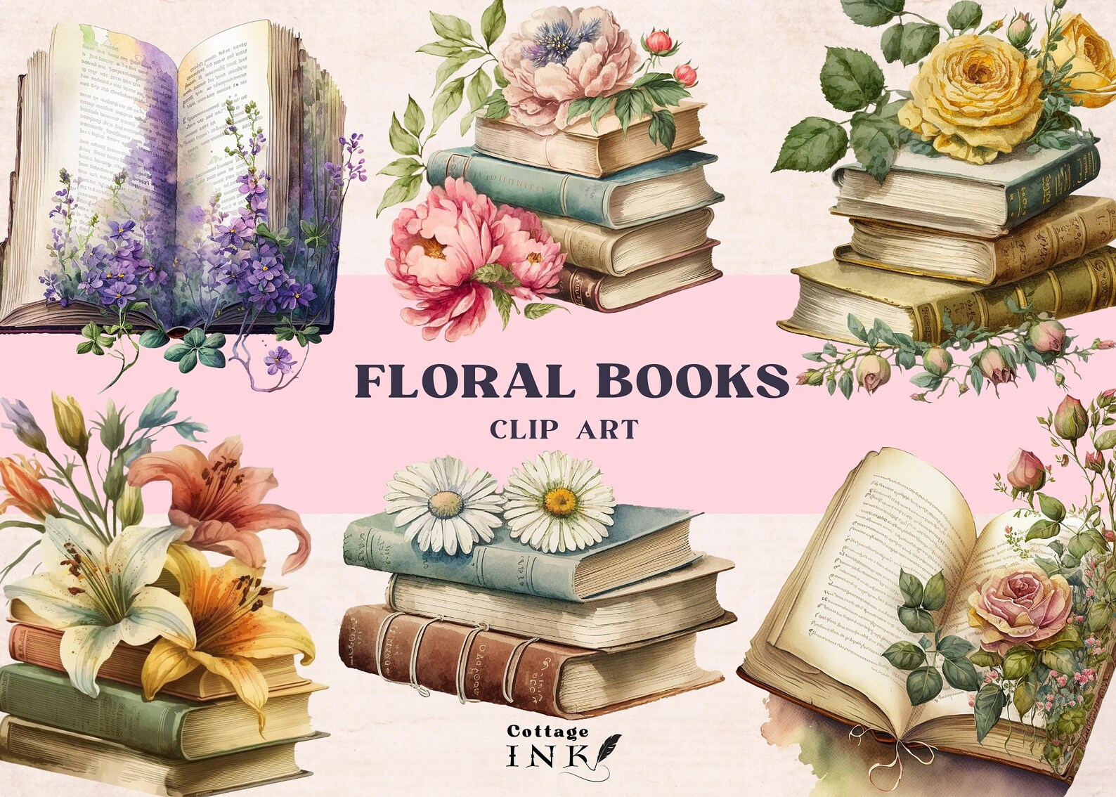 Watercolor Floral Books Clipart Bundle, Vintage Stack of Book PNG, Old ...