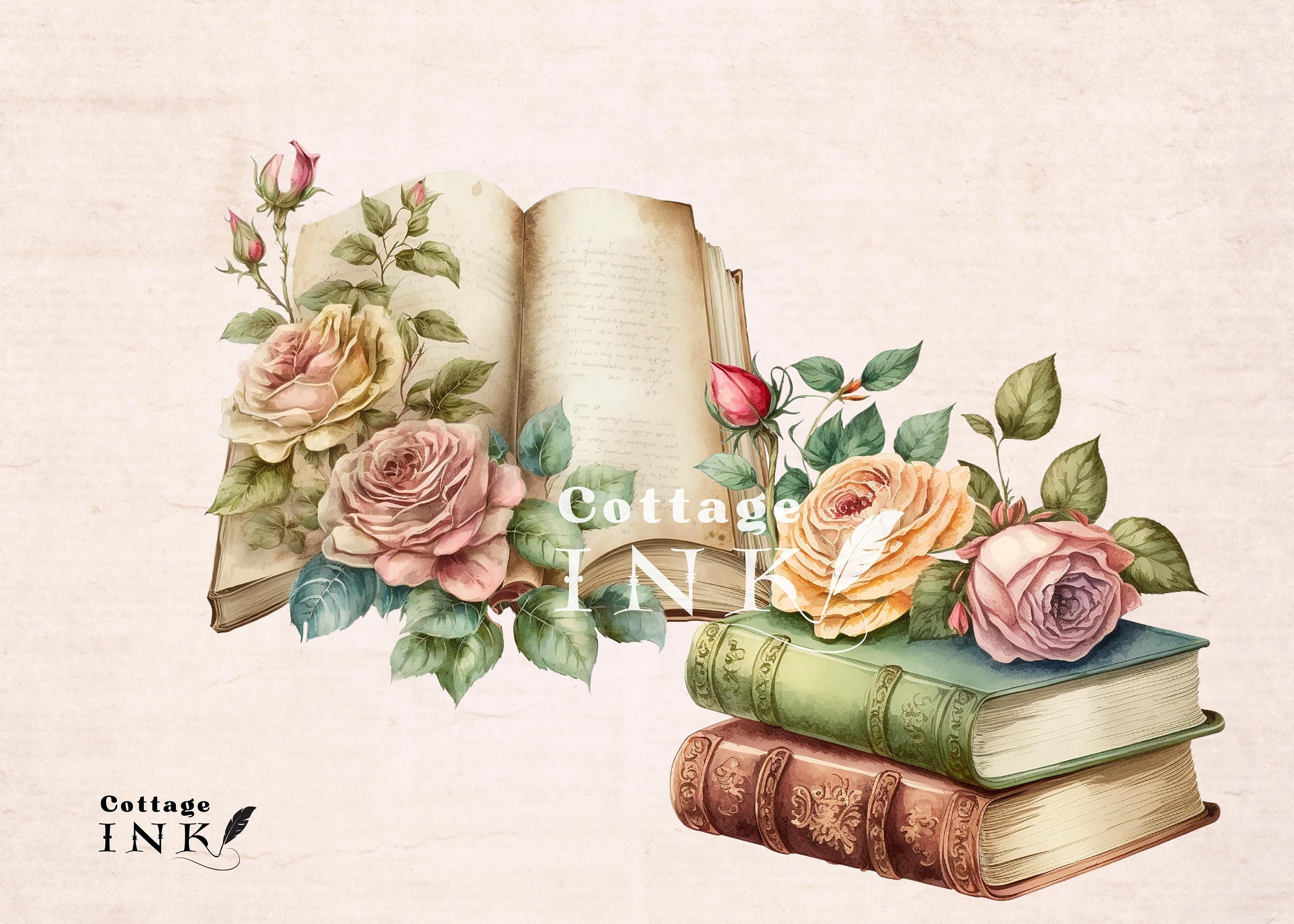 Watercolor Floral Books Clipart Bundle, Vintage Stack of Book PNG, Old ...