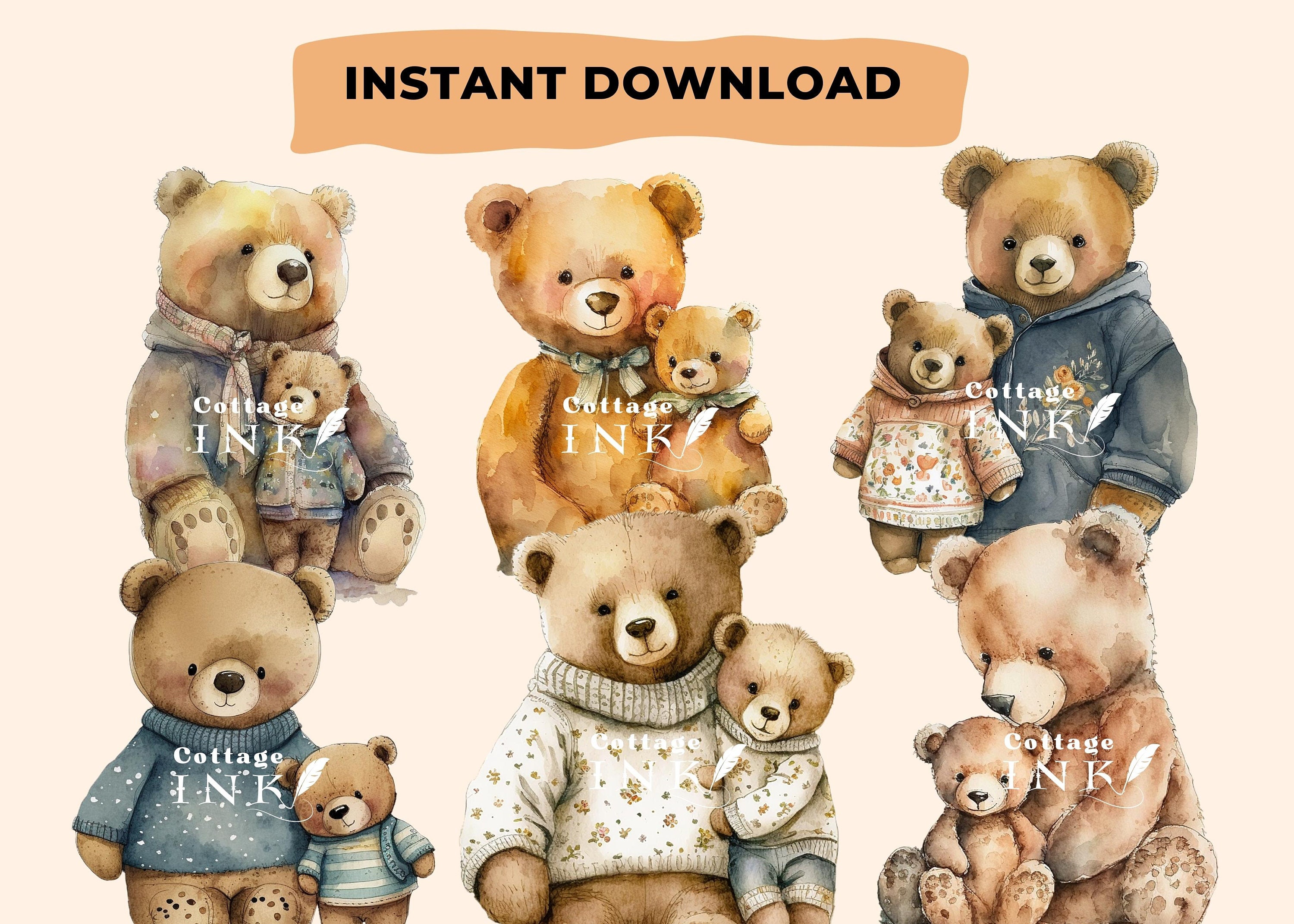 Watercolor Teddy Bears Clipart Bundle, Cute Baby Bear Mama Bear Clipart ...