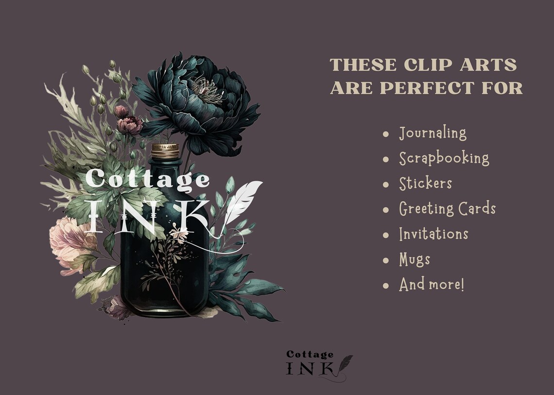 Black Peony Clipart Bundle Watercolor Dark Academia Clipart - Etsy