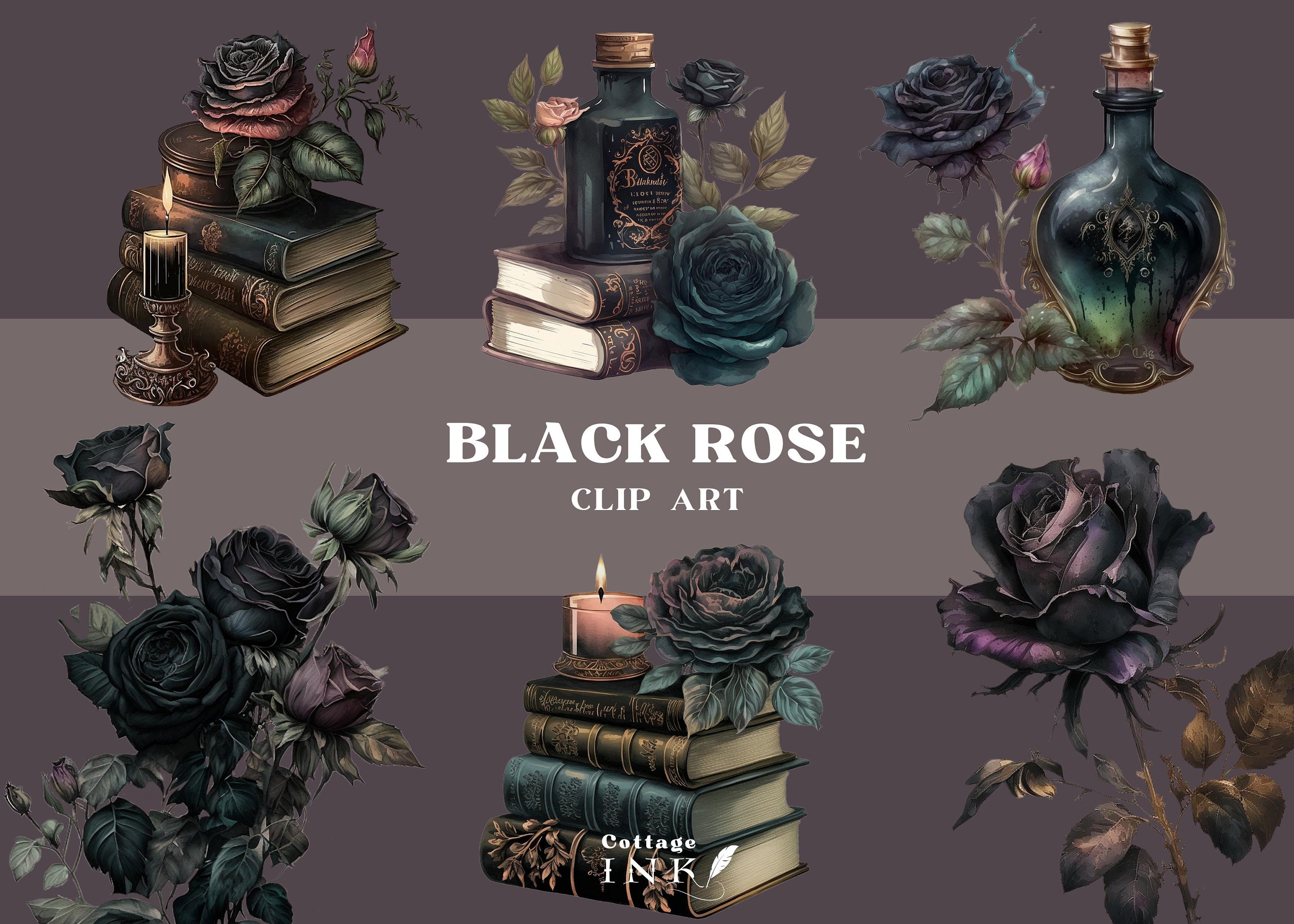 Black Roses Clipart Bundle, Watercolor Dark Academia Clip Arts PNG ...