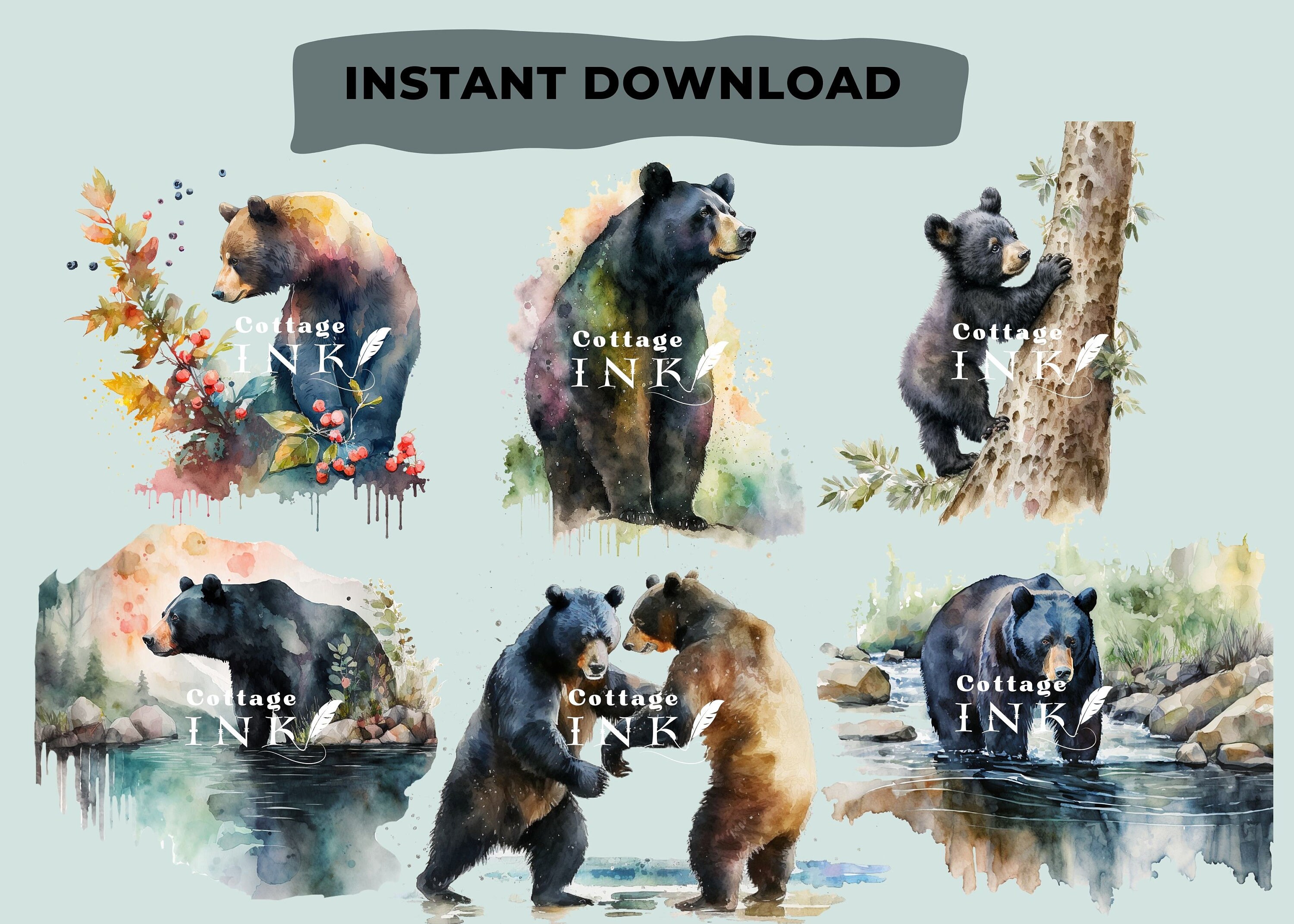 Watercolor Black Bear Clipart, Forest Animal PNG, Printable Cute Baby ...