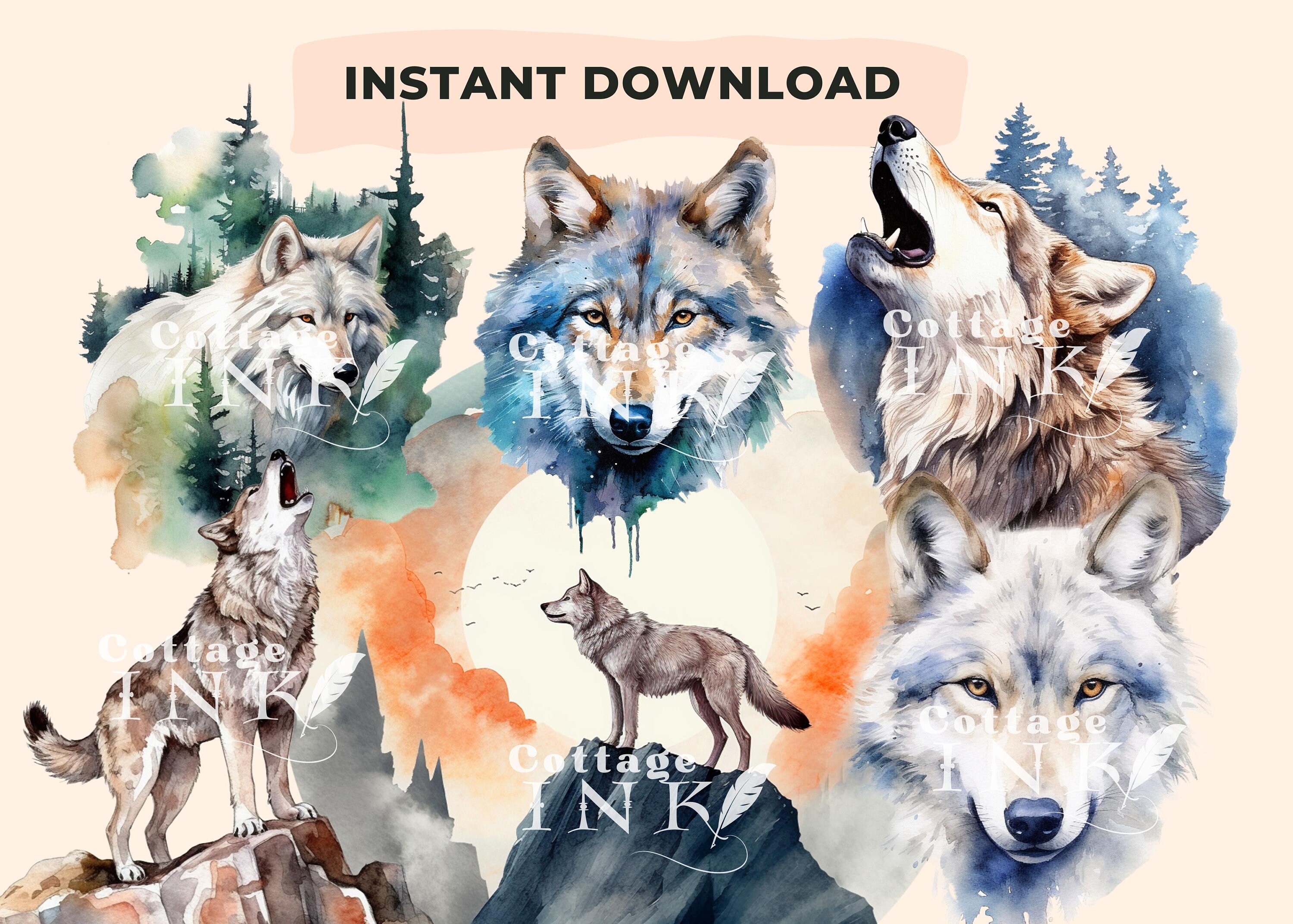 Watercolor Wolves Clipart Bundle, Forest Animal, Celestial Wolf ...