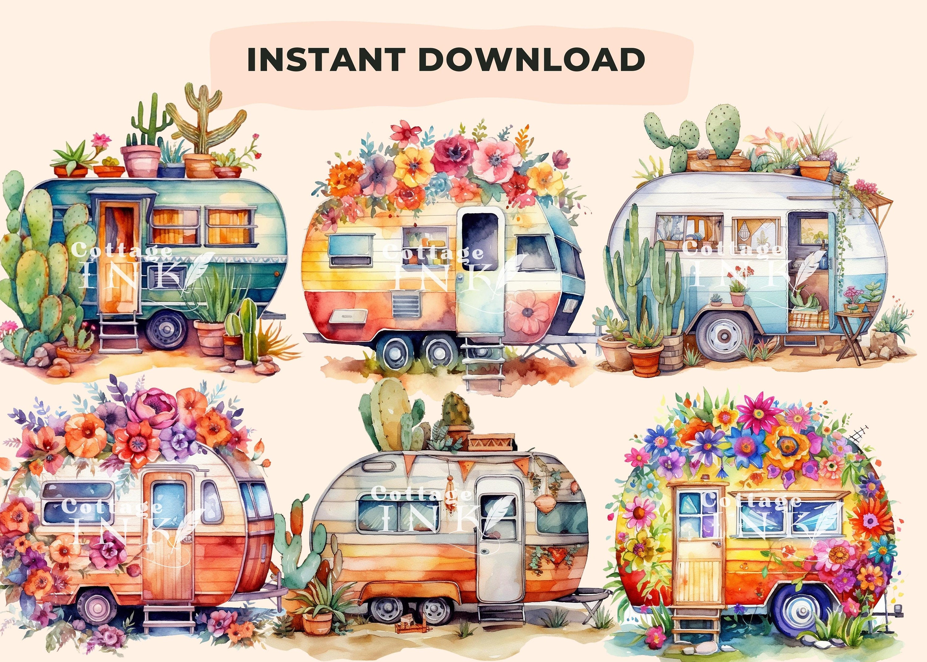 Watercolor Boho Caravan Clipart Bundle, Cute Floral Camper Vans, Cozy ...