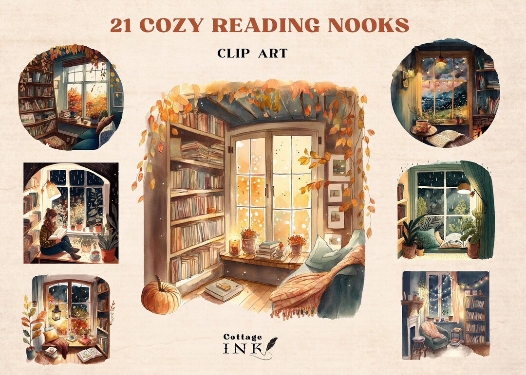 Watercolor Cozy Reading Nook Clipart, Bookworm Book PNG Bundle, Cozy ...
