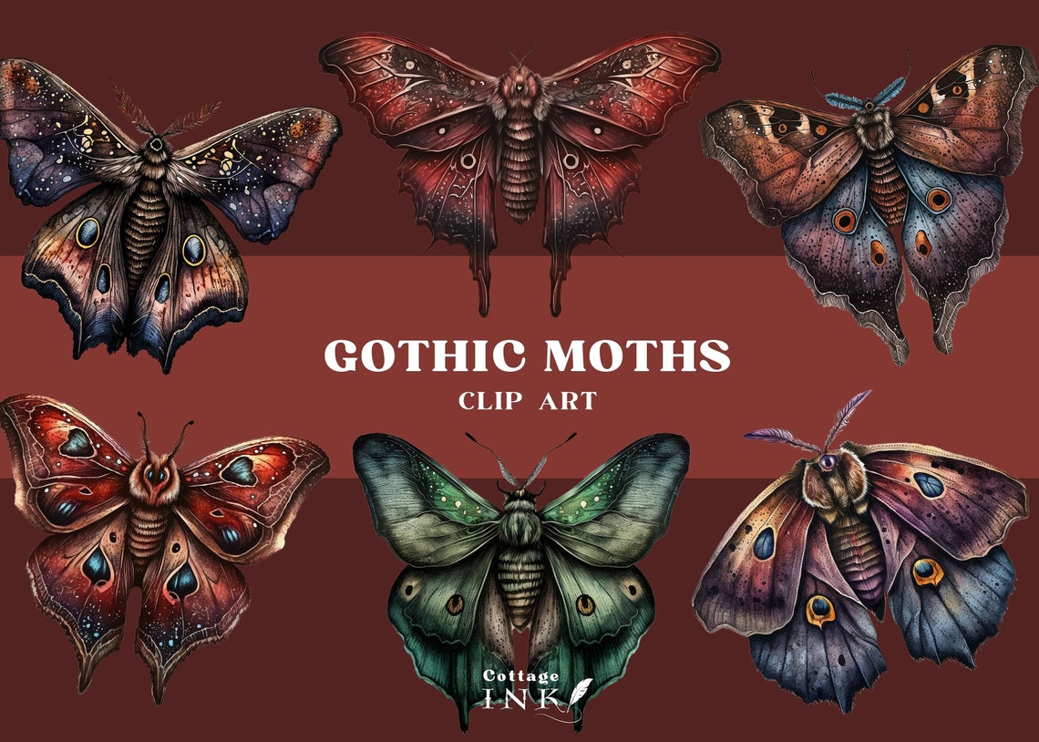 Watercolour Mystical Moth Clipart Bundle, Gothic Moth Butterfly PNG ...