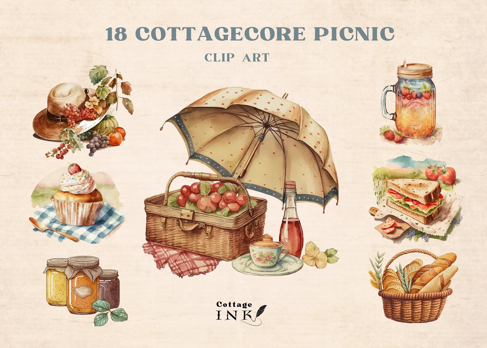 Cottagecore Picnic Clipart Bundle, Watercolor Picnic Basket Clip Art ...