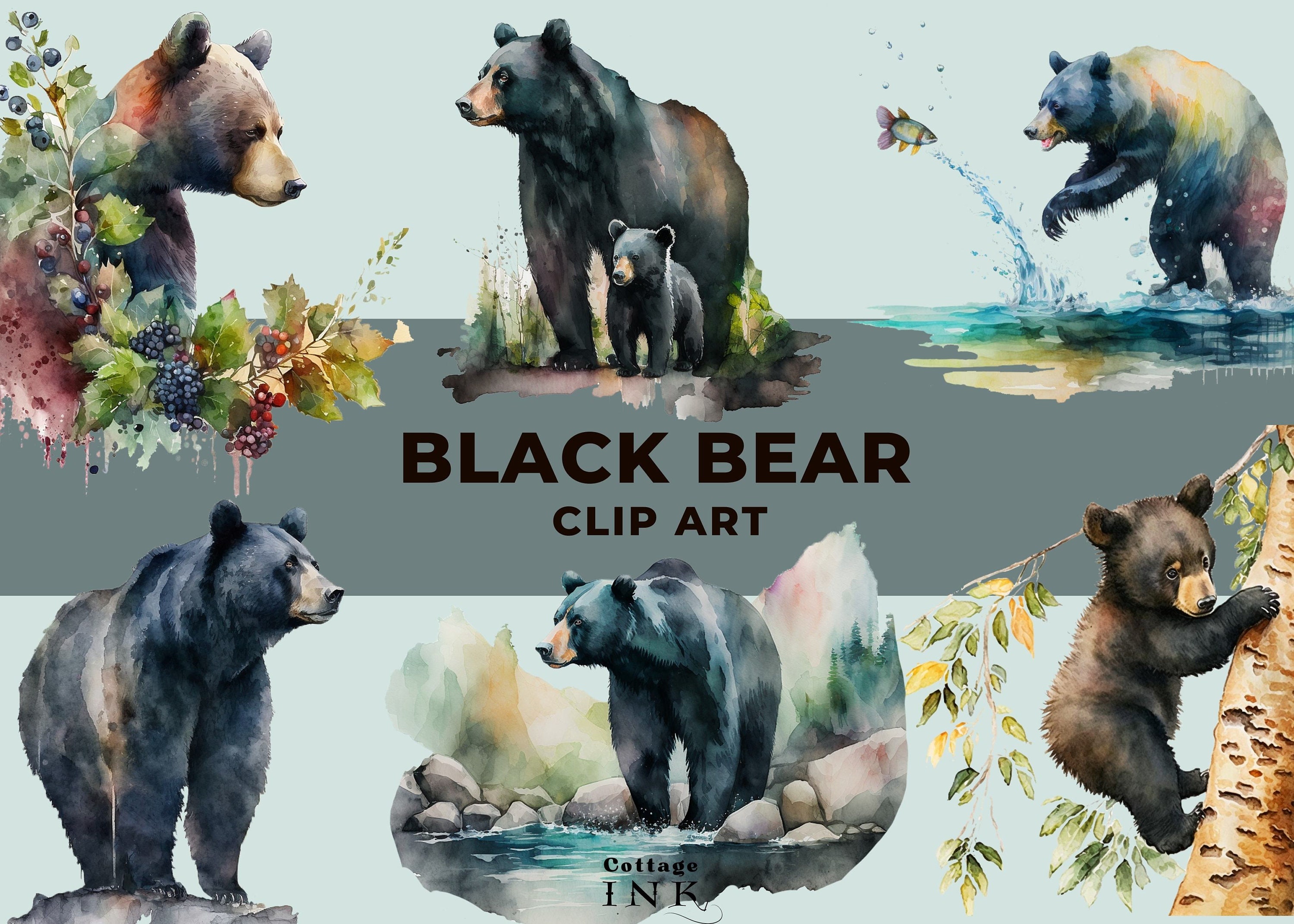 Watercolor Black Bear Clipart, Forest Animal PNG, Printable Cute Baby ...