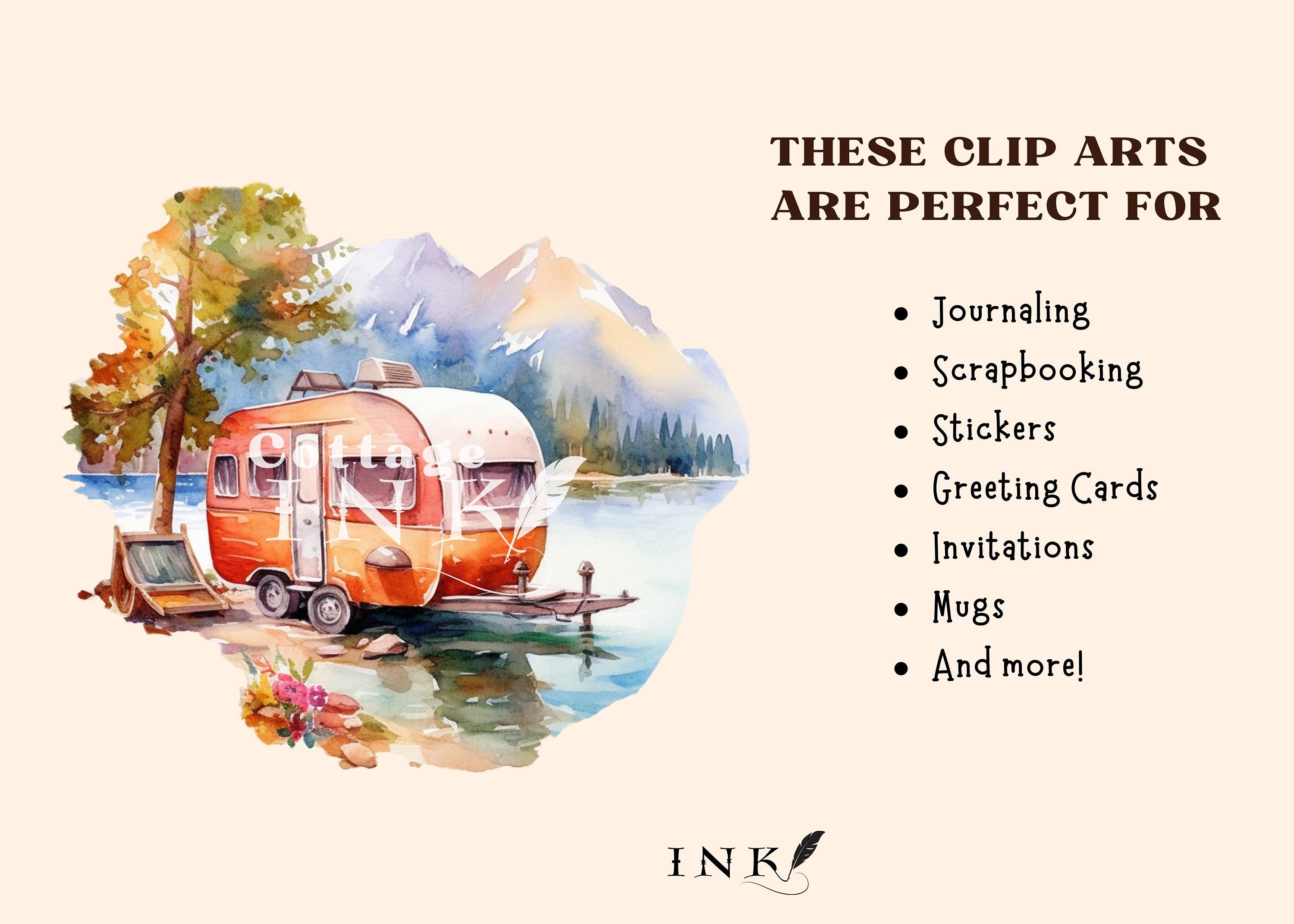 Watercolor Campervan Clipart Bundle, Travel Vanlife Clipart, Cozy Lake ...