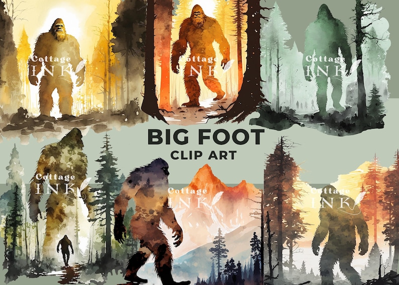 Watercolour Bigfoot Clipart Bundle, Sasquatch Cliparts, Forest Creature ...