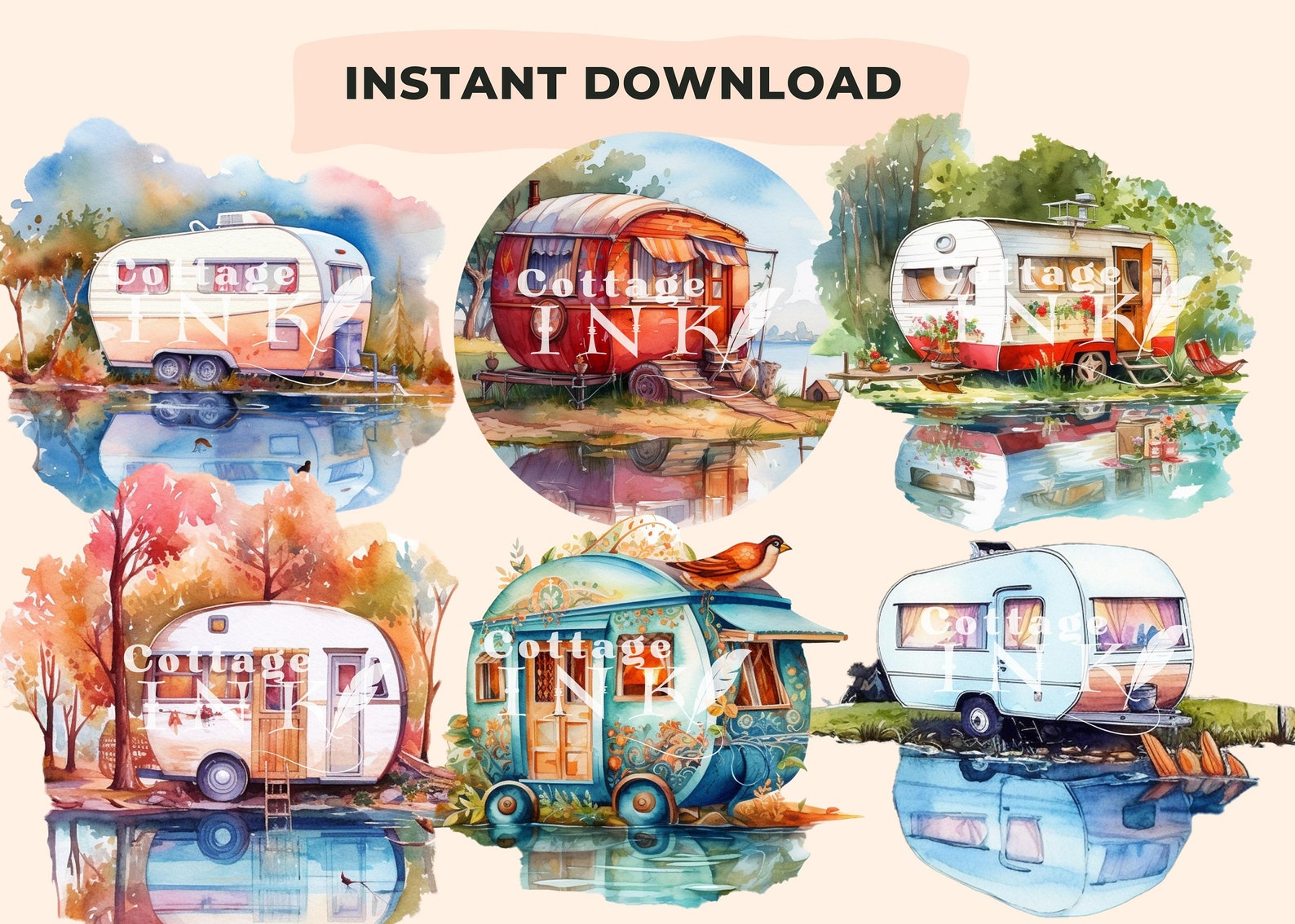 Watercolor Campervan Clipart Bundle, Travel Vanlife Clipart, Cozy Lake ...