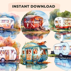Watercolor Campervan Clipart Bundle, Travel Vanlife Clipart, Cozy Lake ...