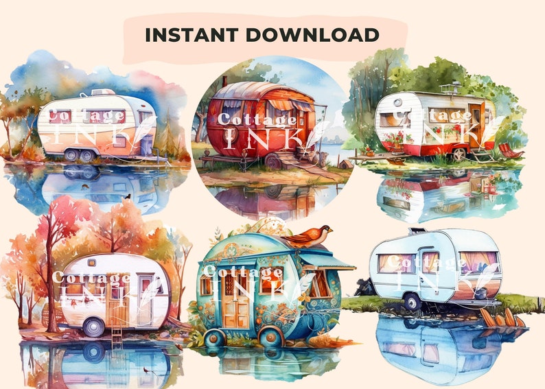 Watercolor Campervan Clipart Bundle, Travel Vanlife Clipart, Cozy Lake ...