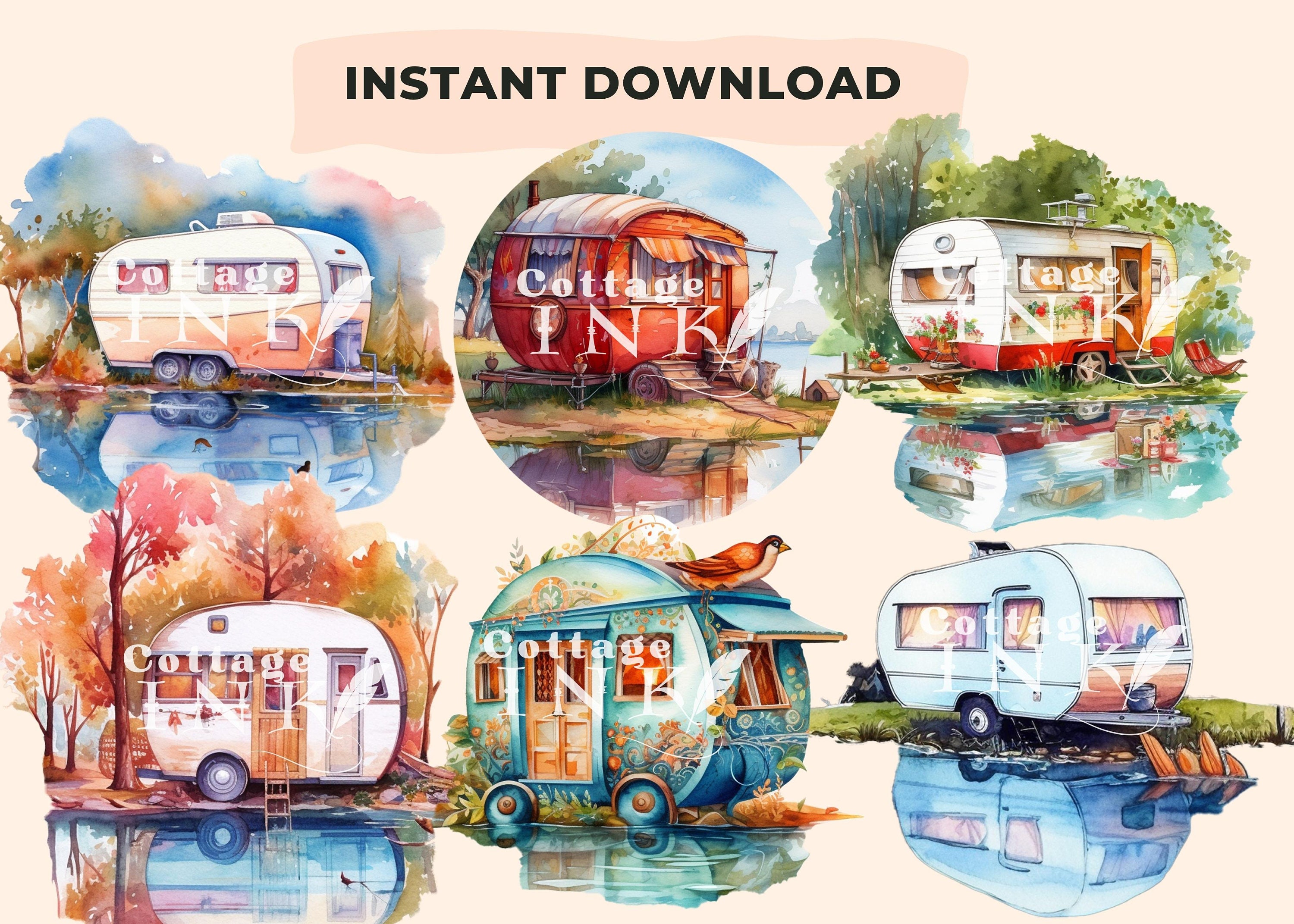 Watercolor Campervan Clipart Bundle, Travel Vanlife Clipart, Cozy Lake ...
