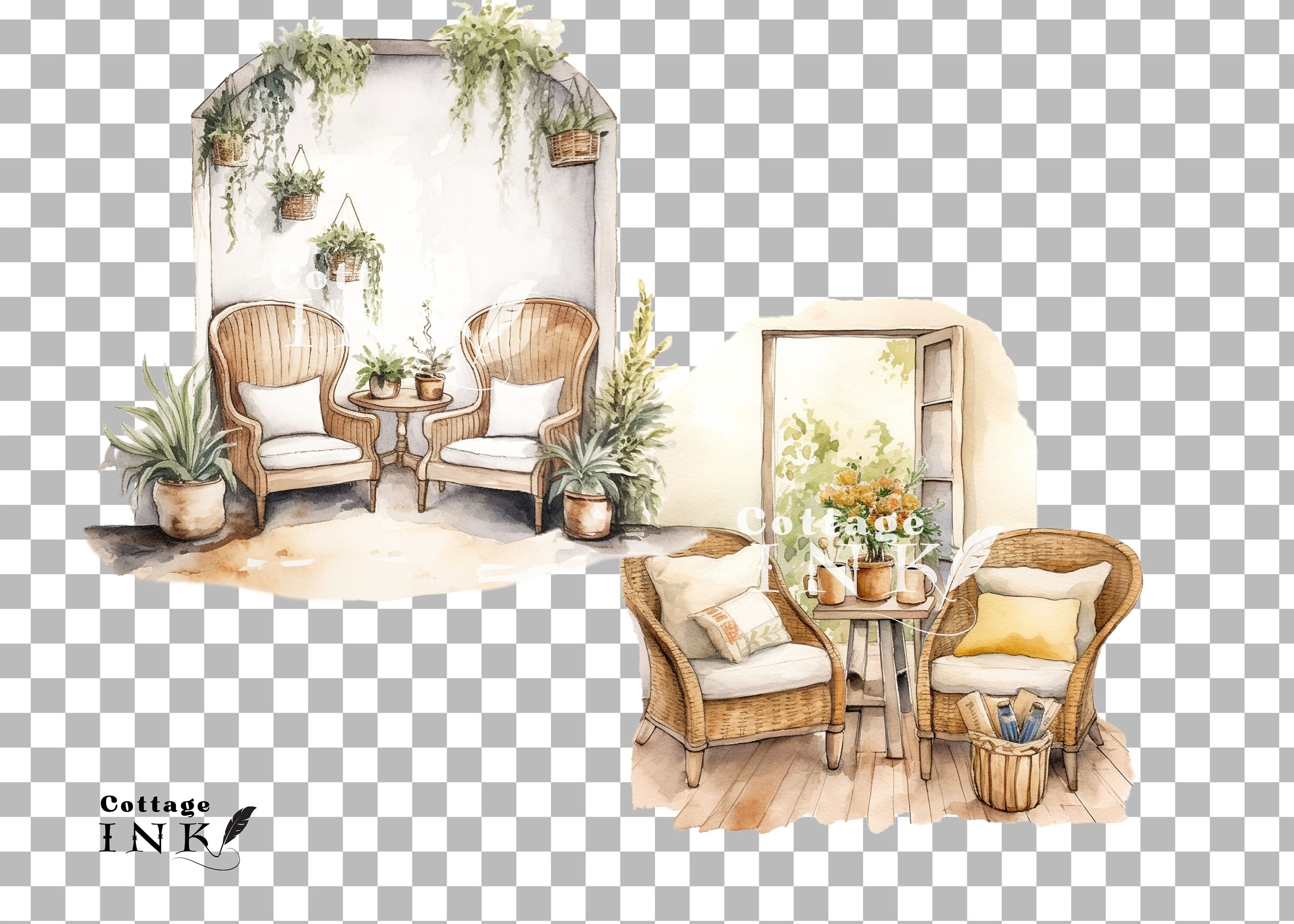 Watercolor Boho Seating Area Clipart, Cozy Reading Nook PNG, Tea ...