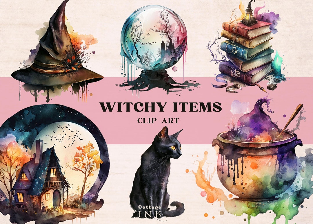 Watercolor Witch Clipart, Dark Witchy Clipart, Gothic Witch Broom PNG ...